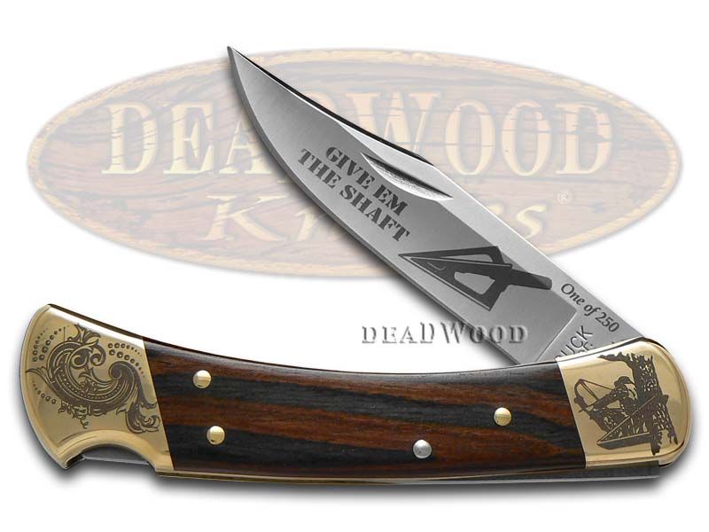 Buck 110 Give'em the Shaft Ebony Wood Folding Hunter 1/250 Stainless ...